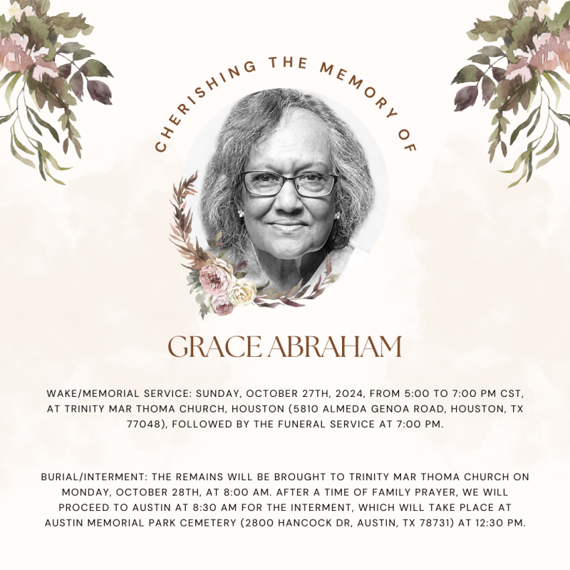 WAKE/FUNERAL/INTERMENT ARRANGEMENTS FOR LATE GRACE ABRAHAM – Trinity ...